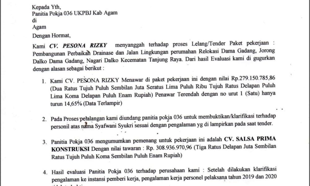 CV.Pesona Rizky Sanggah Panitia Lelang“ Serempet “ Pembangunan Mesjid ...